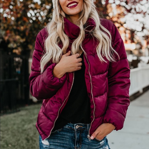 Jackets & Coats | Burgundy Quilted Puffer Puffy Jacket | Poshmark